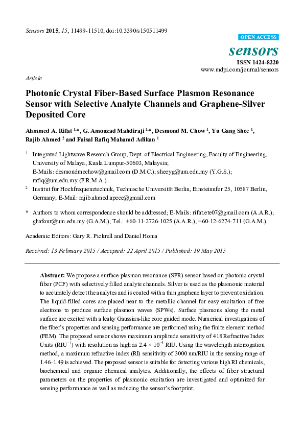(PDF) Photonic Crystal Fiber-Based Surface Plasmon Resonance Sensor with Selective Analyte ...