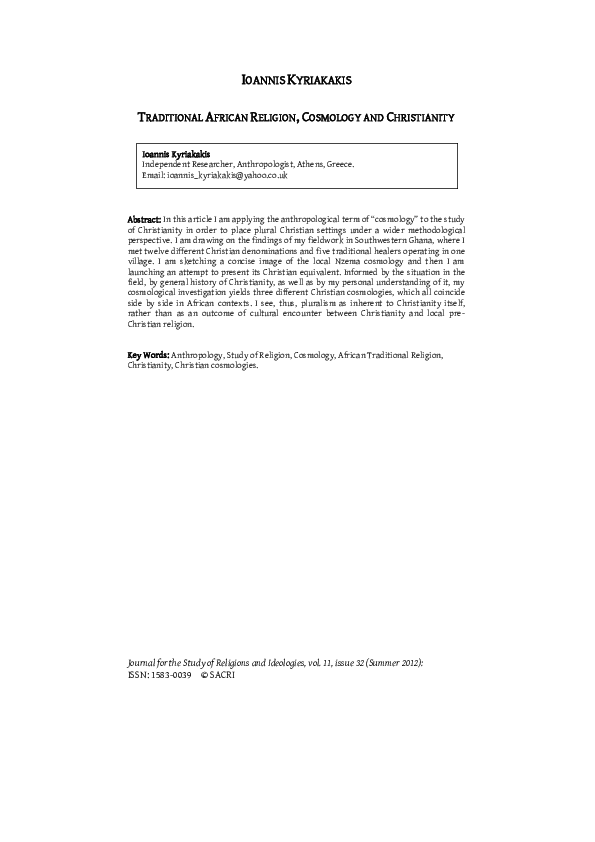 (PDF) Traditional African Religion, Cosmology and Christianity