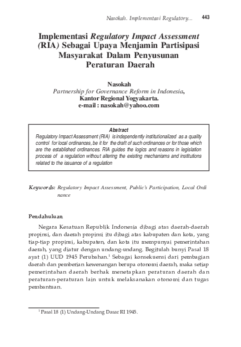 (PDF) Implementasi Regulatory Impact Assessment (RIA) Sebagai Upaya Menjamin Partisipasi