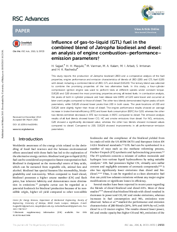 (PDF) Influence of gas-to-liquid (GTL) fuel in the combined blend of ...