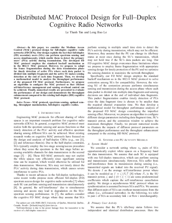 (PDF) Distributed MAC Protocol Design for Full-Duplex Cognitive Radio Networks
