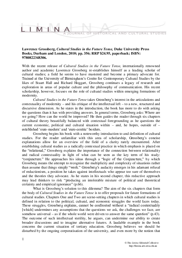 (PDF) Lawrence Grossberg, Cultural Studies in the Future Tense, Duke ...