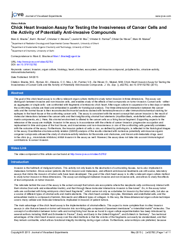 (PDF) Chick Heart Invasion Assay for Testing the Invasiveness of Cancer ...