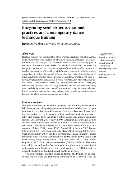 (PDF) Weber (2010) Integrating Semi-Structured Somatic Practices and Contemporary Dance ...