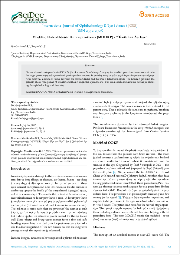 (PDF) Modified Osteo Odonto Keratoprosthesis (MOOKP) - "Tooth For An Eye"