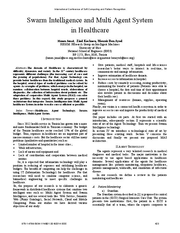 (PDF) Swarm intelligence and multi agent system in healthcare