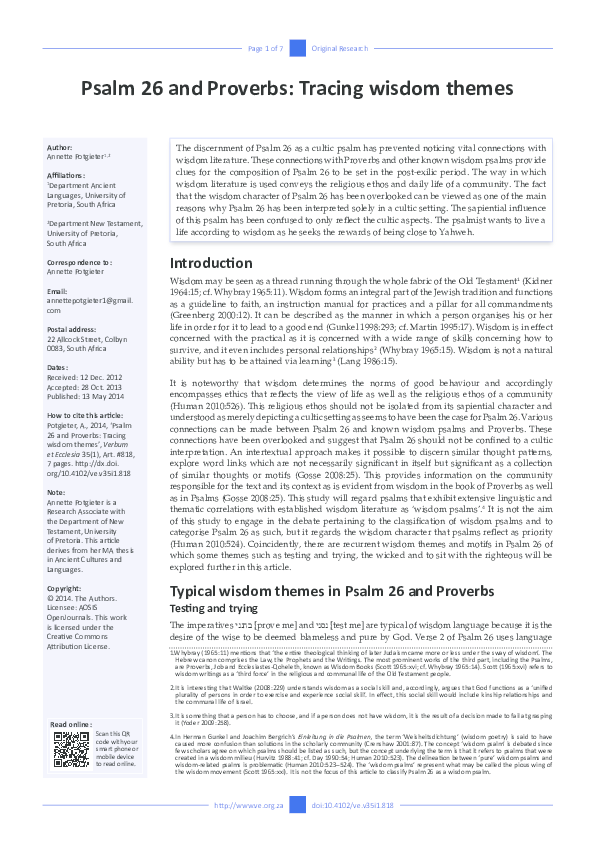(PDF) Psalm 26 and Proverbs: Tracing wisdom themes