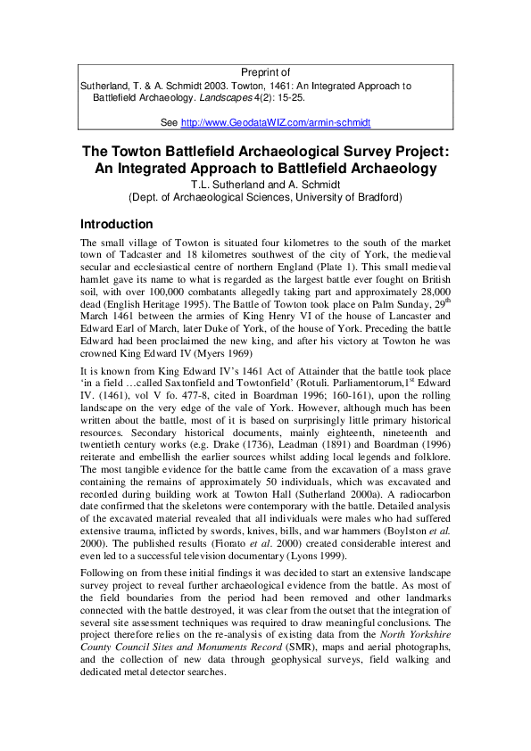 (PDF) Sutherland, T.L. & Schmidt, A. 2003 ‘The Towton Battlefield ...