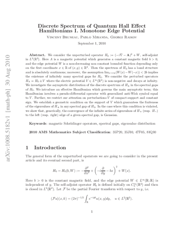 (PDF) Discrete Spectrum of Quantum Hall Effect Hamiltonians I. Monotone Edge Potential