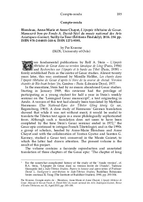 (PDF) Review of Blondeau, Anne-Marie et Anne Chayet, L'épopée tibétaine ...