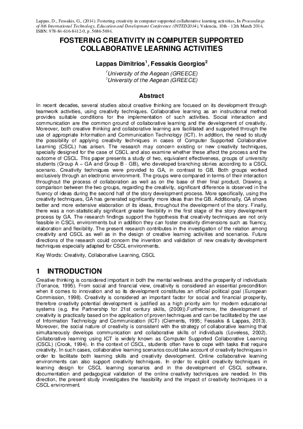 (PDF) FOSTERING CREATIVITY IN COMPUTER SUPPORTED COLLABORATIVE LEARNING ACTIVITIES