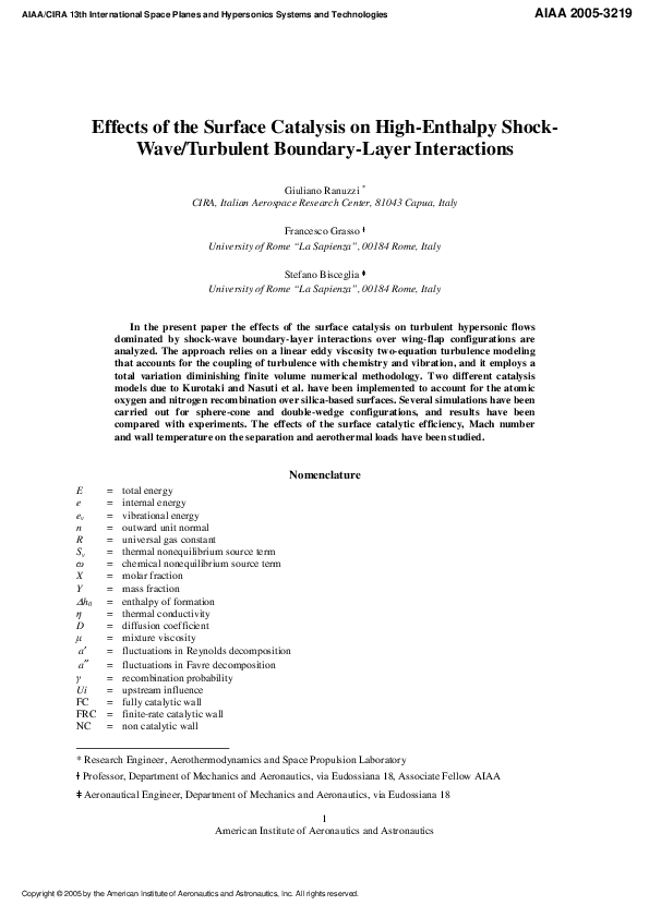 Pdf Effects Of The Surface Catalysis On High Enthalpy Shock Wave Turbulent Boundary Layer