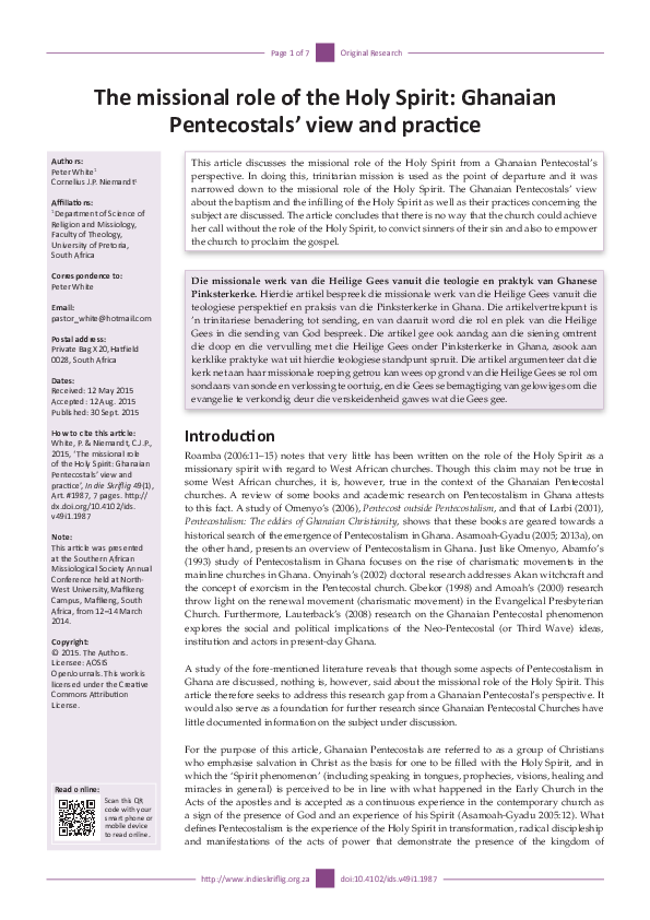 (PDF) The missional role of the Holy Spirit: Ghanaian Pentecostals ...