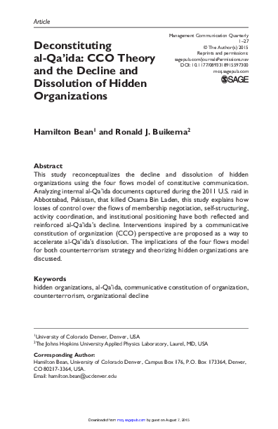 Deconstituting al-Qa’ida: CCO Theory and the Decline and Dissolution of ...