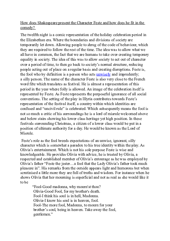 (DOC) How does Shakespeare present the Character Feste and how does he ...