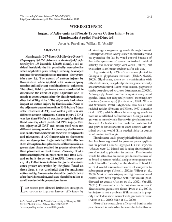 (PDF) WEED SCIENCE Impact of Adjuvants and Nozzle Types on Cotton ...