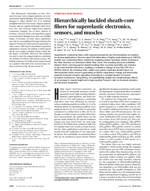 Pdf Hierarchically Buckled Sheath Core Fibers For Superelastic Electronics Sensors And Muscles