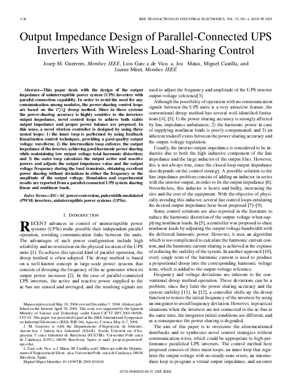 Output Impedance Design of Parallel-Connected UPS Inverters With Wireless Load-Sharing Control