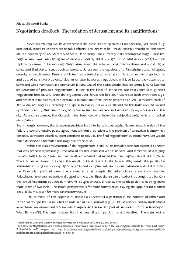 (PDF) Negotiation deadlock. The isolation of Jerusalem and its ...