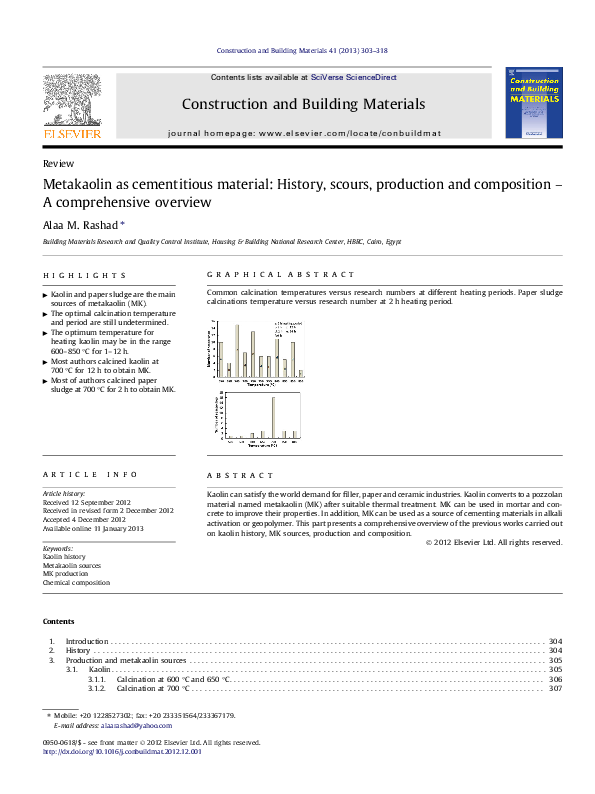 (PDF) Metakaolin as cementitious material History, scours, production ...
