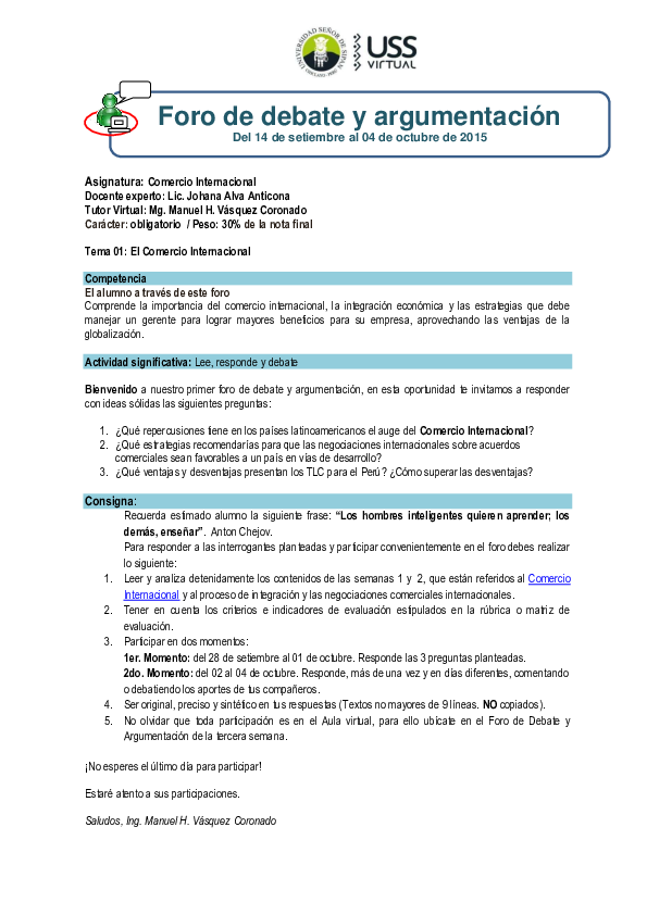 (PDF) Guía y rúbrica del Foro de Debate-Argumentación