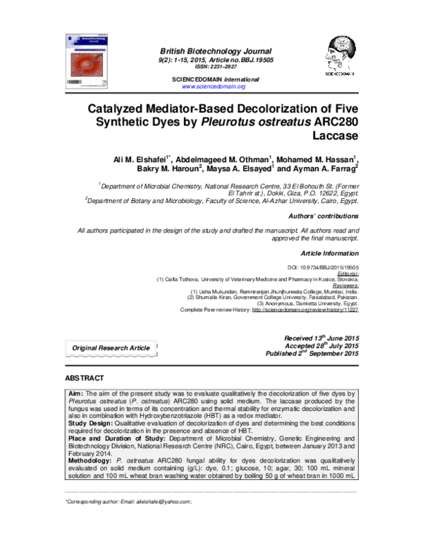 (PDF) Catalyzed Mediator-Based Decolorization of Five Synthetic Dyes by ...