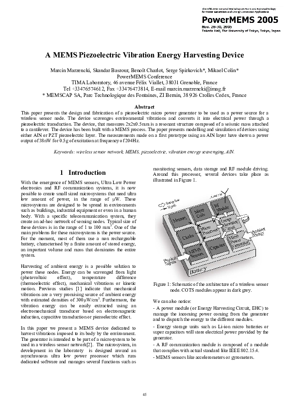 (PDF) A MEMS Piezoelectric Vibration Energy Harvesting Device (PDF) A MEMS Piezoelectric Vibration Energy Harvesting Device