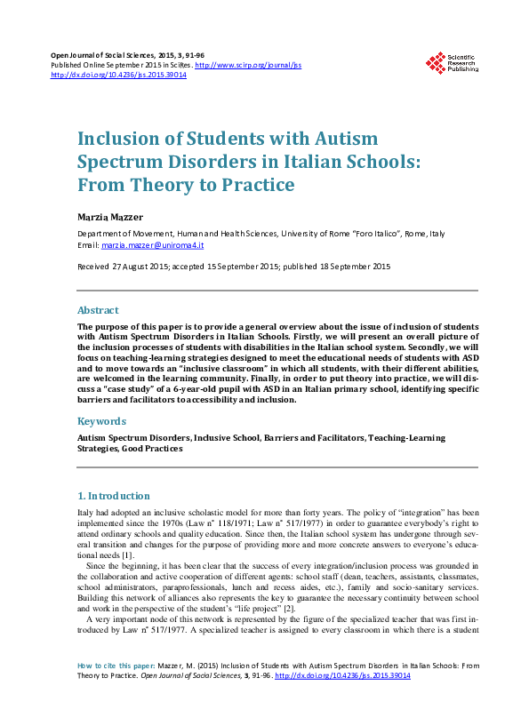 (PDF) Inclusion of students with Autism Spectrum Disorders in Italian schools: from theory to ...