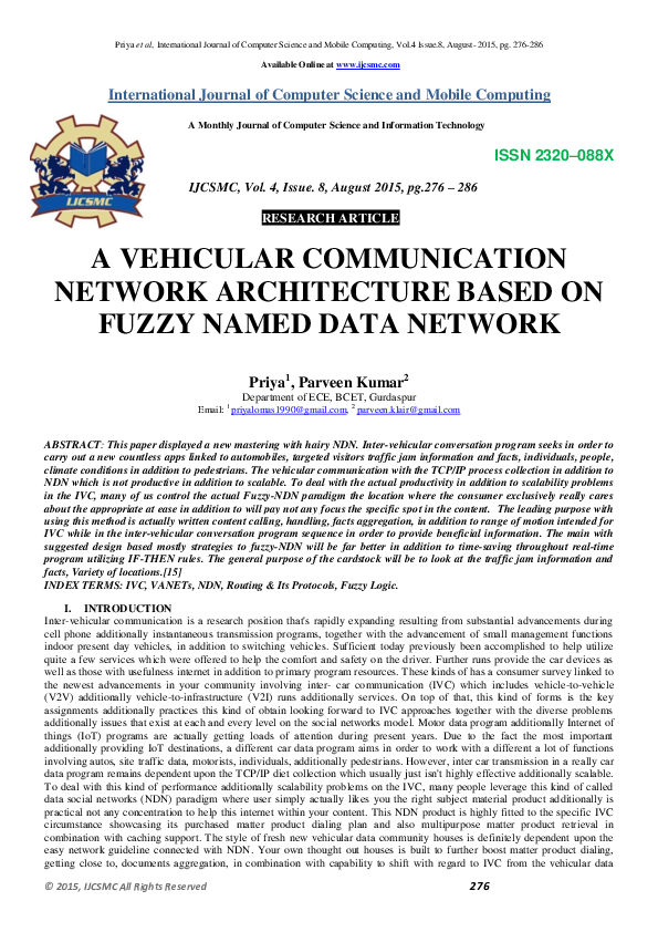 A VEHICULAR COMMUNICATION NETWORK ARCHITECTURE BASED ON FUZZY NAMED DATA NETWORK