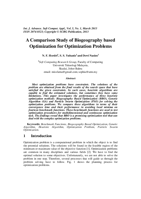 (PDF) A Comparison Study of Biogeography based Optimization for Optimization Problems
