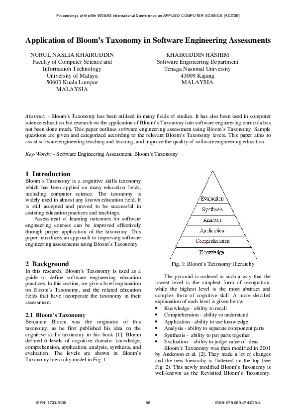 (PDF) Application of Bloom's taxonomy in software engineering assessments