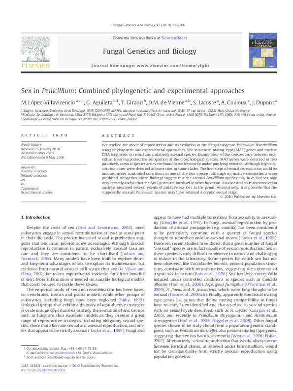 Pdf Sex In Penicillium Combined Phylogenetic And Experimental Approaches
