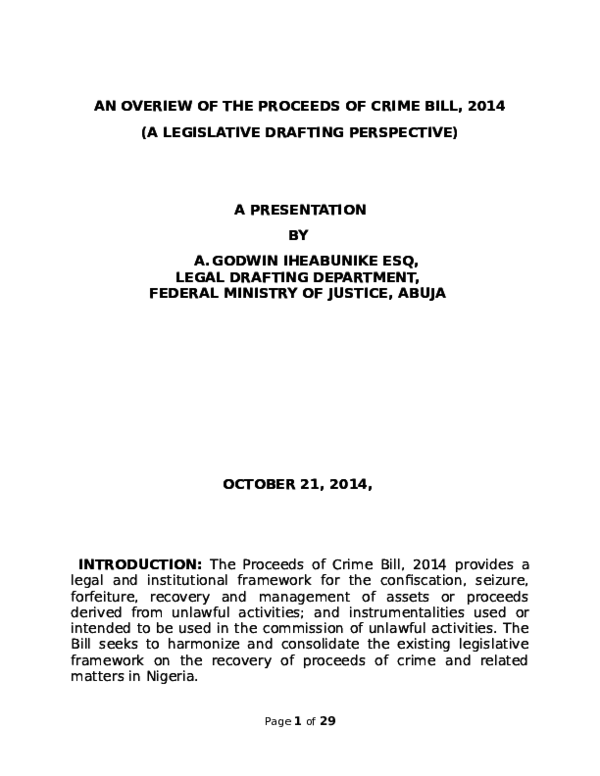 (DOC) AN OVERIEW OF THE PROCEEDS OF CRIME BILL, 2014