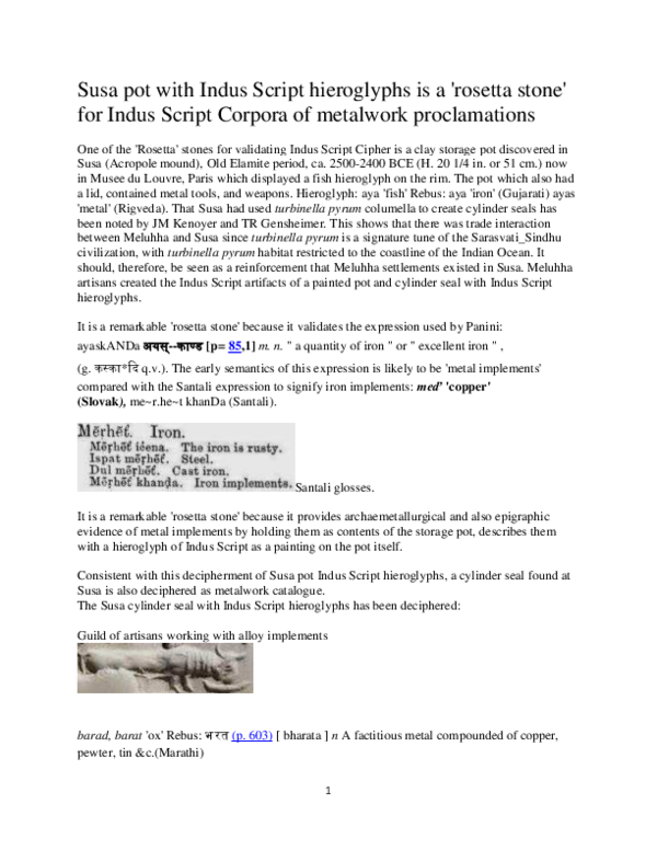 (PDF) Susa pot with Indus Script hieroglyphs is a 'rosetta stone' for ...