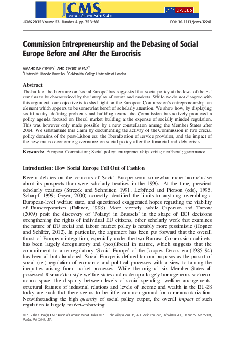 (PDF) Commission Entrepreneurship and the Debasing of Social Europe ...