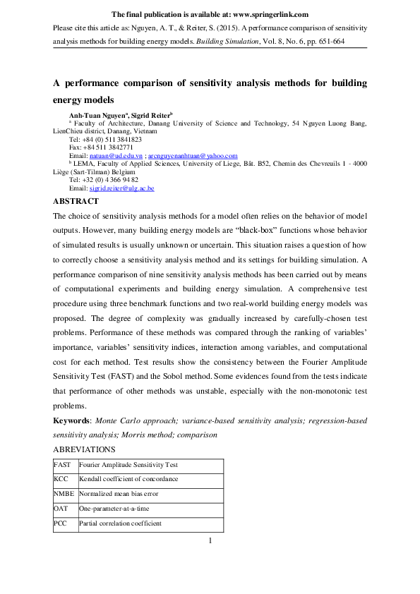 (PDF) A performance comparison of sensitivity analysis methods for building energy models