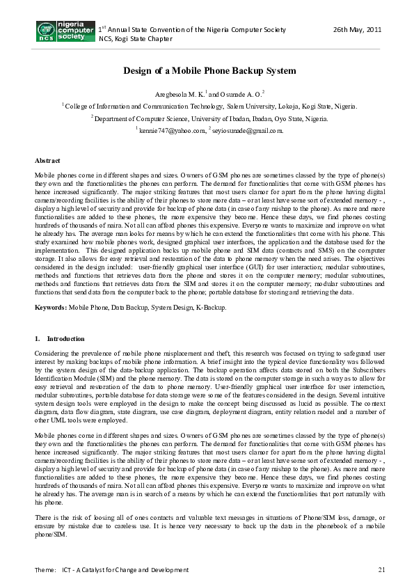 Design of a Mobile Phone Backup System | Kehinde Aregbesola - Academia.edu