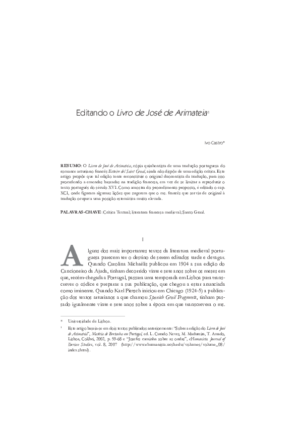 (PDF) Editando o Livro de José de Arimateia, Ivo Castro