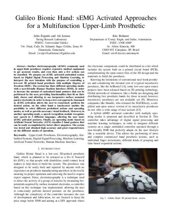 (PDF) Galileo Bionic Hand: sEMG Activated Approaches for a Multifunctional Upper-Limb Prosthetic