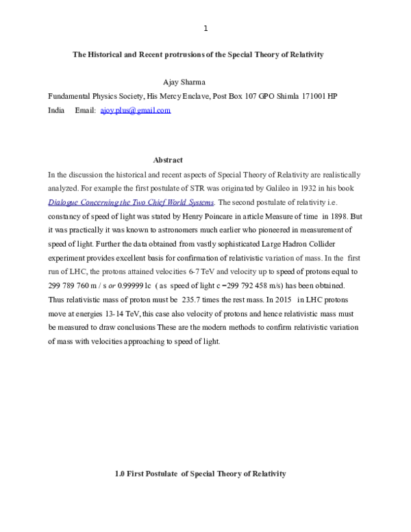 (DOC) What is role of Einstein in Relativity :Galileo (1632) gave First ...