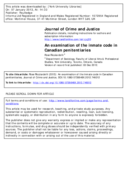 (PDF) An examination of the inmate code in Canadian penitentiaries