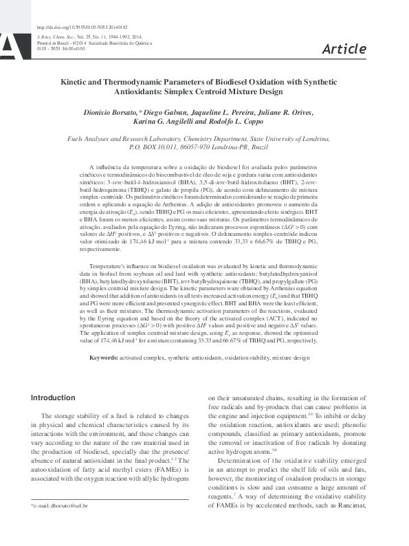 (PDF) Kinetic and Thermodynamic Parameters of Biodiesel Oxidation with ...