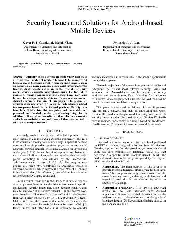 (PDF) Security Issues and Solutions for Android-based Mobile Devices