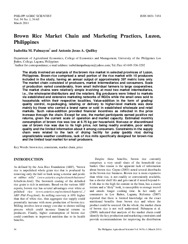 (PDF) Brown Rice Market Chain and Marketing Practices, Luzon, Philippines