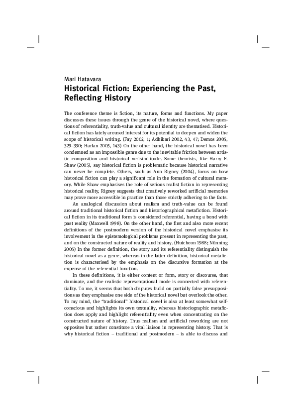 (PDF) Historical Fiction: Experiencing the Past, Reflecting History