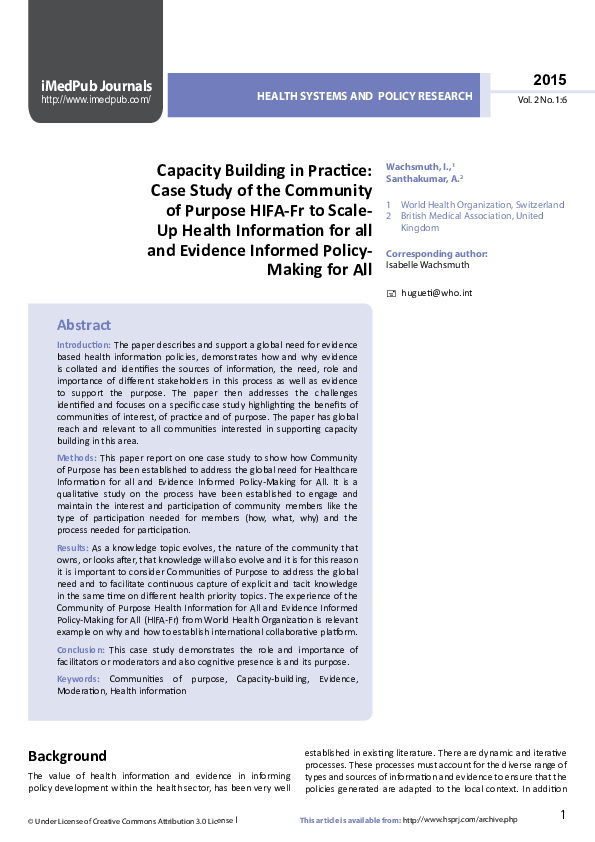 (PDF) Capacity Building in Practice: Case Study of the Community of Purpose HIFA-Fr to Scale- Up ...