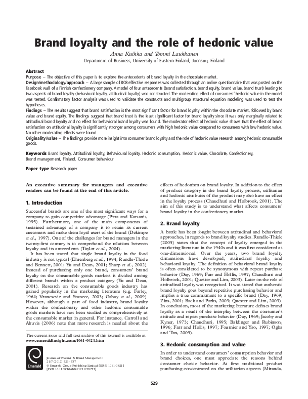(PDF) Brand loyalty and the role of hedonic value