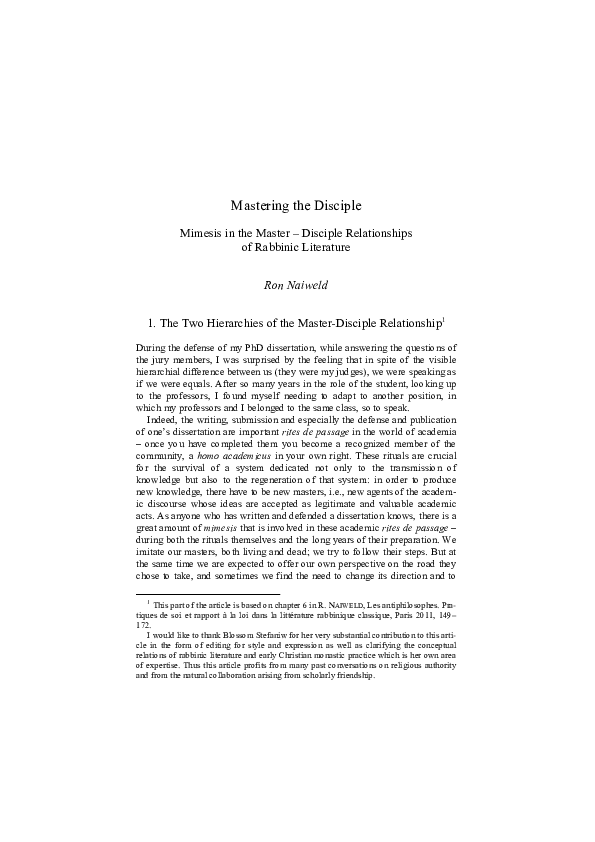 (PDF) Mastering the Disciple. Mimesis in the Master-Disciple Relationships of Rabbinic Literature