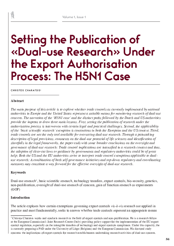 (PDF) Setting the Publication of «Dual-use Research» Under the Export ...