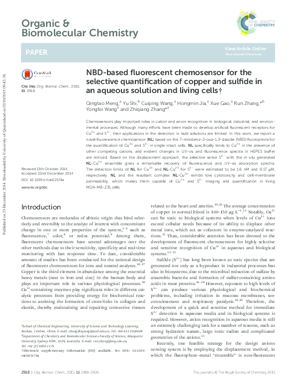 (PDF) NBD-based fluorescent chemosensor for the selective quantification of copper and sulfide ...